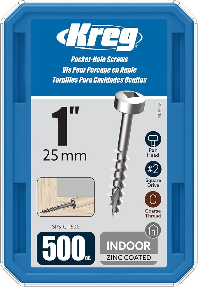 Kreg SPS-C1-500 Zinc Pocket Screws, 1-Inch, #7 Coarse Thread, Pan Head ...