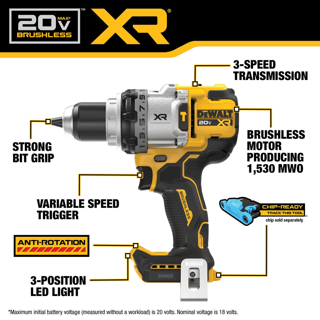 DeWalt DCD1007B 20V MAX XR Brushless Cordless 1/2 in. 3-Speed Hammer D ...